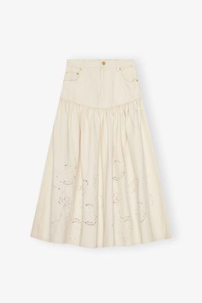 Ganni Jupe en jean broderie anglaise Blanc Coton - Taille 34
