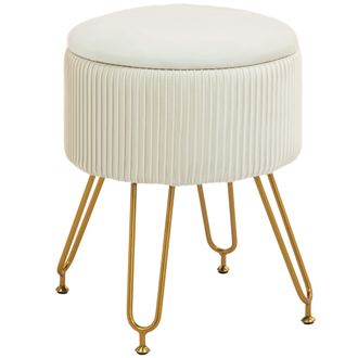 HOMCOM Sitzhocker mit Stauraum 2-in-1 Runder Hocker mit Deckel, Fu&szlig;hocker, Beistelltisch, Polsterhocker mit Samtoptik, Stahlbeine &Oslash;40 x 48 cm Cremewei&szlig;