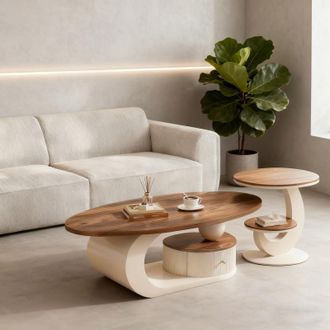 Generic 2PC Ovaler Couchtisch Freistehender Wohnzimmertisch mit gro&szlig;er Ablagefl&auml;che Couchtisch im Mid-Century-Modern-Stil Einfache Montage for Wohnung/Haus(Wh