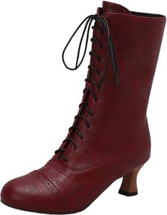 Generic Bottes &agrave; lacets pour femme - Bout rond - &Eacute;l&eacute;gantes - Style r&eacute;tro - Couleur unie - Similicuir - Confortables - Pour le bureau et les f&ecirc;tes, bordeaux, 3