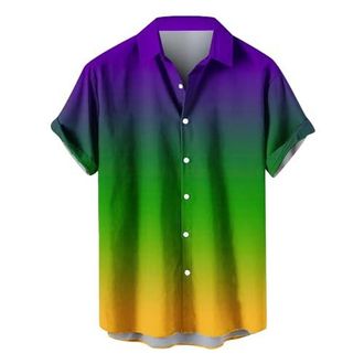 Generic DENGJIAMY Chemise Mardi Gras pour hommes, grande taille, blocs de couleurs, chemises boutonn&eacute;es pour hommes, t-shirt &agrave; manches courtes, tenues hawa&iuml;en