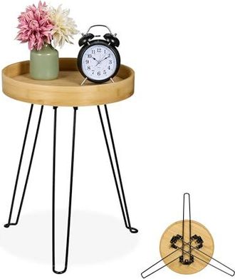 Relaxdays Beistelltisch, Bambus & Metall, Industrial Design, HBT: 47,5x38x38 cm, Wohnzimmer, Couchtisch, Natur/schwarz