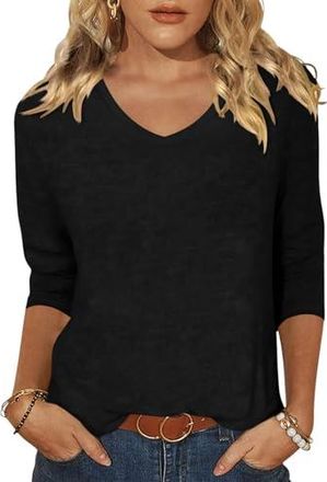Minetom T-Shirt à Manches 3/4 pour Femme Tee Shirt Col en V Coupe Classique Ample Léger Printemps été Automne Basic Top A Noir M