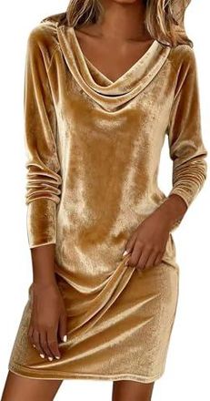 Generic Robe en velours avec col cascade pour femme - Robe &agrave; manches longues pour lhiver 2025 - Robe jaune pour femme Belle, or, 3XL