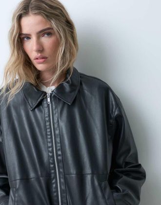 Asos Harrington-Bomberjacke in Lederoptik in Schwarz