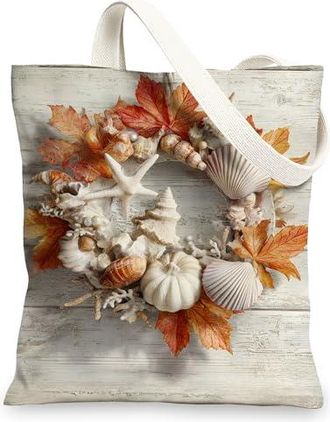 Generic Sacs fourre-tout en toile de coquillages, sacs de courses réutilisables, motif feuilles dautomne rustiques, légers et lavables, beige, 13x15 Inch