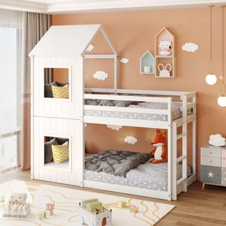 Merax Lit superpos&eacute; cabane 90x200cm - en bois massif - avec 2 fen&ecirc;tres - Blanc