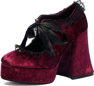 Generic Mary Jane Escarpins &agrave; plateforme en velours pour femme - Talon &eacute;pais - Bout rond - Dentelle - Noeud papillon - Chaussures punk pour f&ecirc;te, Rouge, 40.5 