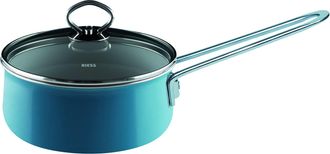 Riess 0730-010, Stielkasserolle mit Glasdeckel, NOUVELLE-AQUAMARIN EXTRA STARK, Durchmessser 16 cm, Höhe 12.3 cm, Inhalt 1 Liter, Emaille, Induktion