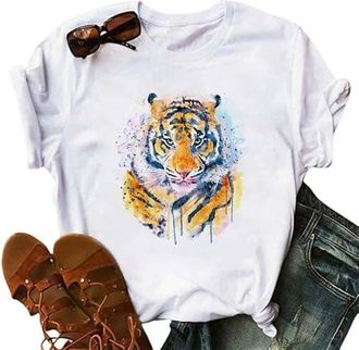 Keephen Color&eacute; Lion/Cheval/Tigre/Loup Impression 3D T-Shirt Femmes Animal Graphique Tees Casual Manches Courtes Col Rond T-Shirt &Eacute;t&eacute; Coupe L&acirc;che Tops