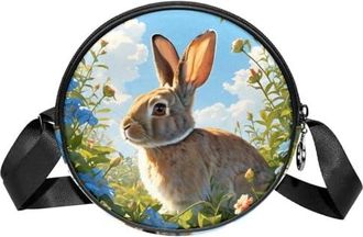 Generic Petit sac &agrave; bandouli&egrave;re circulaire pour femme, motif floral, lapin, sac &agrave; dos &agrave; bandouli&egrave;re avec fermeture &eacute;clair, bretelles r&eacute;glables, sac &agrave; main ron