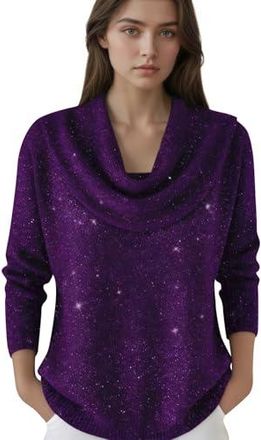 Generic Pull dhiver tricot&eacute; &agrave; col b&eacute;nitier &eacute;tincelant pour femme - Manches longues - Coupe ample - Imprim&eacute; &eacute;toiles - Pull doux et extensible en cachemire - Po