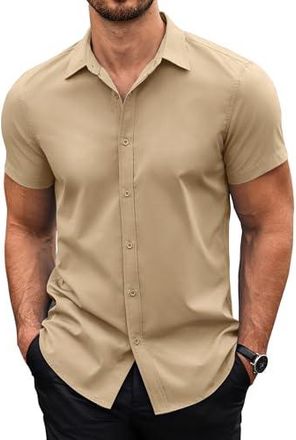 Coofandy Chemise Homme Manches Courtes Chemise Casual Chemise Business Repassage Facile Chemise Dété Regular Fit Chemise Basique Kaki M