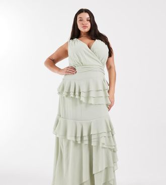 Tfnc Plus Robe portefeuille longue et volant&eacute;e en mousseline pour demoiselle dhonneur - Vert sauge