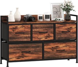 HOMCOM Kommode aus Stoff Aufbewahrungsschrank mit 5 Schubladen, Ablage Kommodenschrank mit Stahlgestell Schrank f&uuml;r Schlafzimmer, Wohnzimmer Rustikal-Braun