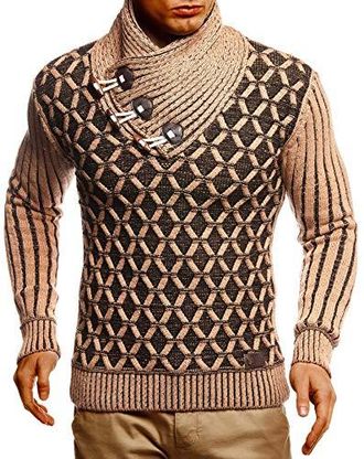 LEIF NELSON Pull en tricot pour homme | Manches longues avec motif géométrique | Pull dhiver avec col châle pour homme, marron noir, XX-Large