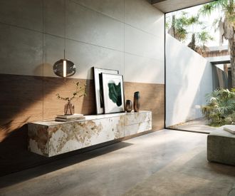 DELIFE Lowboard Cuor 220 cm Keramik Minas Melange Wei&szlig;-Beige 1 Klappe 2 Schubf&auml;cher Schwebend, Lowboards