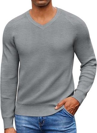 Coofandy Pull &agrave; col en V et Manches Longues pour Homme en Maille Fine Basique Gris L