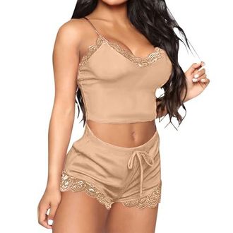 Generic Filet String Dentelle Douce Trim Lingerie 2 Pi&egrave;ces Shorts Ensemble Cou Nightwear Bridal Lingerie Sexy Femme, kaki, XXL
