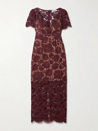 Self Portrait Robe Midi En Dentelle Fleurie À Noeud - Bordeaux