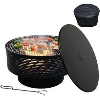 Relaxdays Relaxdays Feuerschale, &Oslash; 66 cm, mit Grillrost, Deckel, Sch&uuml;rhaken & wasserdichter Abdeckung, Feuerstelle Garten, schwarz