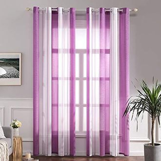 Miulee Rideaux Voilage &agrave; Rayures Blancs et Violet Clair, Voilages Int&eacute;rieurs avec Oeillets, Beaux Voile Rideau Voilage Fenetre Chambre, Lot de 2 Transparent 