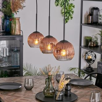 HOFSTEIN Hängeleuchte Ripoll, 3-flammige Hängelampe aus Metall/Riffelglas in Schwarz/Kupferfarben/Klar, Pendelleuchte im Retro/Vintage-Design (Schirme Ø 15 cm)