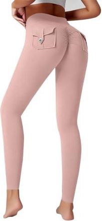 Generic Legging avec effet lifting des fesses pour femme, leggings cargo, pantalon dentra&icirc;nement et de course taille haute avec poches lat&eacute;rales, noir, Rose, 