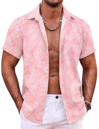 Coofandy Chemise hawa&iuml;enne &agrave; manches courtes pour homme - Chemise d&eacute;t&eacute; boutonn&eacute;e - Chemise de plage - Vacances - F&ecirc;te - Loisirs, Feuilles roses, 3XL