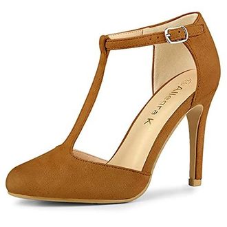 Allegra K Escarpins habillés à Bout Arrondi à Talon Aiguille et Sangle en T pour Femme, Marron, 39 EU