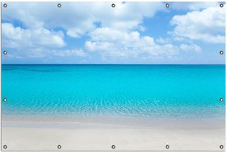 Wallario Outdoor-Poster für Garten oder Balkon Sandstrand und blaues Meer, Motivbanner Größe: ca. 120 x 180 cm, Outdoor-Bild