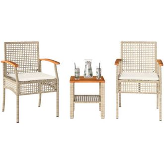 vidaXL Ensemble de bistro 3 pcs coussins beige r&eacute;sine tress&eacute;e acacia Vidaxl
