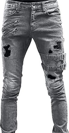 Generic Jean déchiré pour homme - Délavé - Jambe fuselée - Fermeture éclair - Sangle à boucle - Style hip-hop gothique punk - Coupe ajustée - Coupe ajustée - 