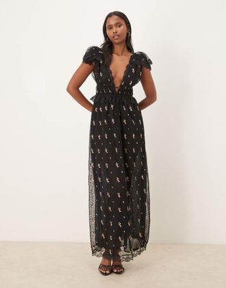 For Love & Lemons Poppy - Robe longues en dentelle &agrave; d&eacute;tails pliss&eacute;s - Noir-Brown