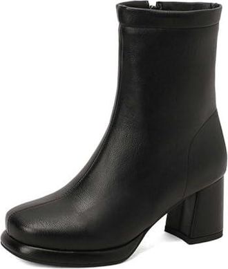 Generic Bottines minimalistes couleur unie pour femme - Bout carr&eacute; - Talon bloc - Chaussures &agrave; plateforme avec fermeture &eacute;clair lat&eacute;rale, Noir, 40.5 EU