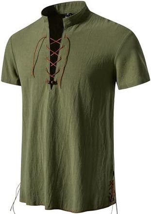 PARKLEES Chemises à manches courtes en coton à lacets rétro pour homme pour Renaissance Pirate Viking médiéval, vert militaire, S