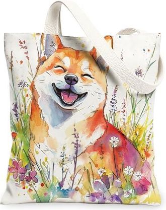Generic Sac fourre-tout en toile motif chien Shiba Inu de printemps 33 x 38,1 cm, sac d&eacute;picerie r&eacute;utilisable &agrave; motif aquarelle pour femme, animal de compagnie