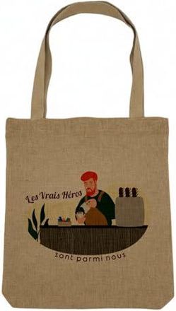 Fabulous Sac Shopping Tote Bag Aspect Lin - Les Vrais H&eacute;ros - Barista M&eacute;tier Caf&eacute; Sac de Courses Toile Epaisse 360g Beige Naturel Cabas Port&eacute; Epaule Solide Imp