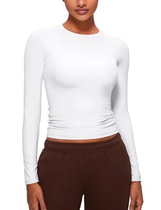 CRZ YOGA Damen Softembrace Langarmshirts Basic T-Shirt Lightweight Y2K Langarm Crop Top Enge Slim Fit Oberteile Casual Rundhals Shirt Weiss 42