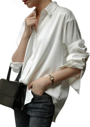 Minetom Chemisier Femme El&eacute;gant Col en V Manches Longues Blouse avec Boutons Satin Chemise Travail Bureau Tunique Shirt Haut Top B Blanc XXL