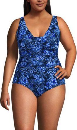 Lands End Gemusterter Shape-Badeanzug mit V-Ausschnitt SLENDER, Damen, Größe:48 plus, Blau, Elasthan/Nylon-Mischung, by Lands End