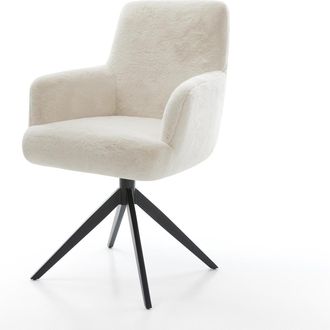 DELIFE Drehstuhl Heira-Flex mit Armlehnen Plüsch Creme-Weiß Kreuzgestell breit Schwarz 360° drehbar Wippfunktion Taschenfederkern, Esszimmerstühle