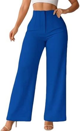 Generic Pantalon large taille haute extensible pour femme - Pour le travail et le travail - Avec poches - Pantalon fluide, bleu, XXL