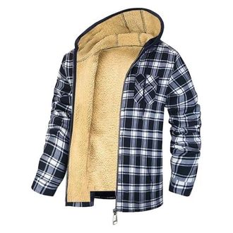 Generic Veste en flanelle doublée Sherpa pour homme - Manteau lourd et chaud - Capuche boutonnée en coton, Grille noire et blanche., XXL