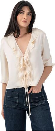 Kocca Femme, Blouses et Chemises, Beige, Taille: 38 FR Chemisier chic &agrave; volants et encolure en V plongeante