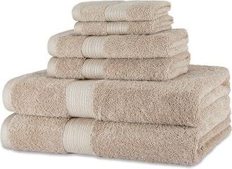 Amazon Basics Set de Bain Bio 6 Pi&egrave;ces - 100% Coton Biologique Anti-d&eacute;coloration - 2 Draps de Bain + 2 Serviettes de Toilette + 2 Gants de Toilette, Taupe