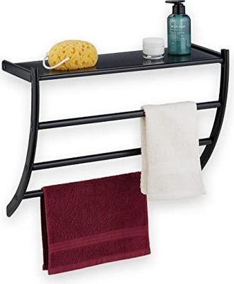 Relaxdays Handtuchhalter Wand, HBT: 44 x 56,5 x 23 cm, mit Ablage & 3 Handtuchstangen, Duschtuchhalter fürs Bad, schwarz