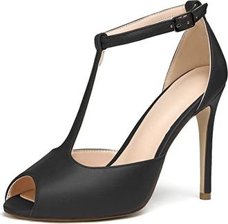 elashe Escarpins Femme Bout Ouvert, 10cm Talons Aiguille Sangle en T Ajustable, Classique Pompes Wedding Soirée Mat NoirEU44