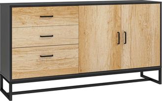 HOMCOM Buffet 2 portes étagère 3 tiroirs poignées alu piètement acier noir effet bois