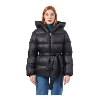 HUGO BOSS Schwarzer Mantel mit Kapuze und G&uuml;rtel - - Jackets - Damen - Schwarzk - L